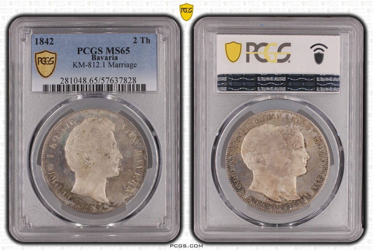 【Sold】1842年 バイエルン マクシミリアン皇太子成婚記念 2ターラー銀貨 MS65 PCGS | ソブリンパートナーズ